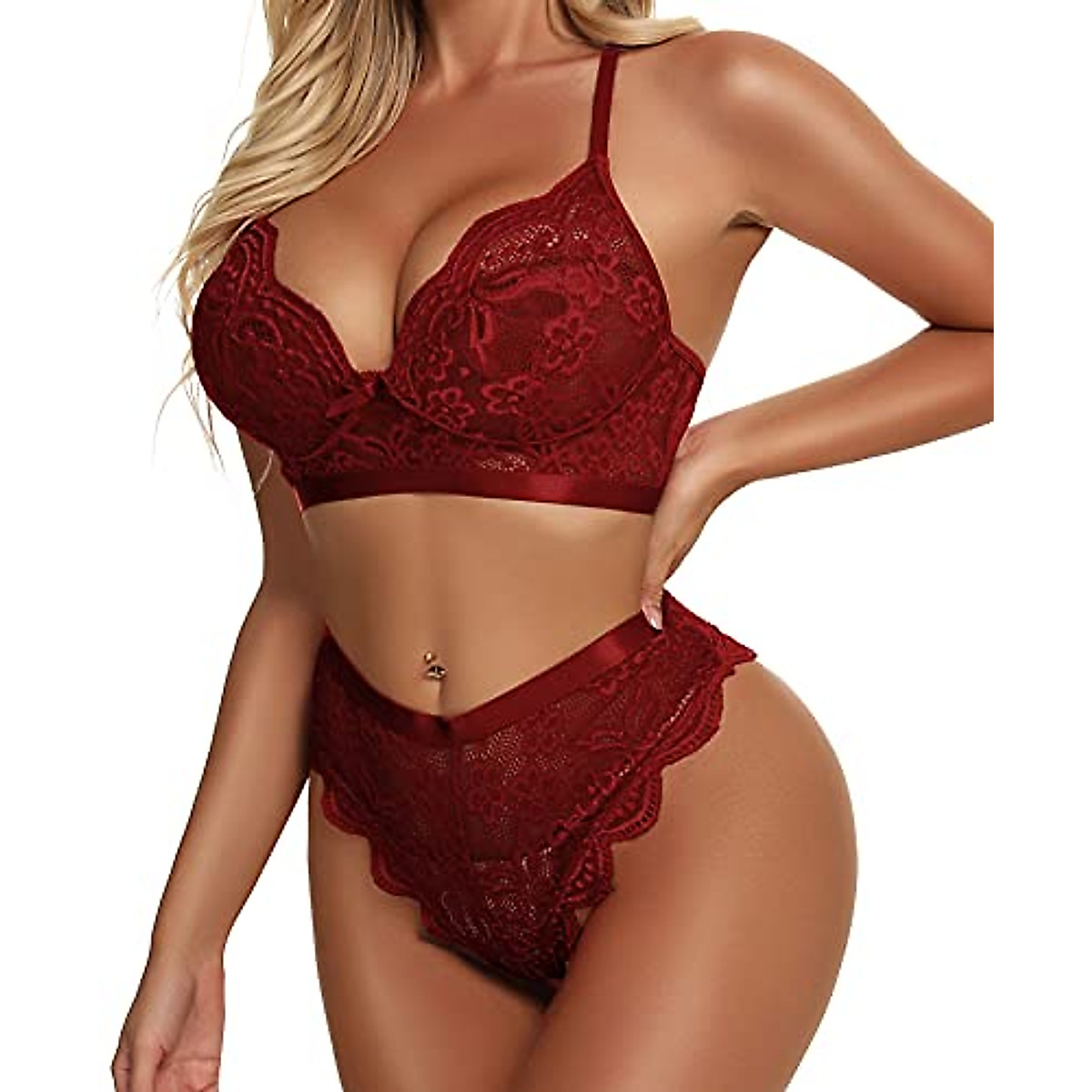 KYLELOVE Negligee Lingerie Set Sleepwear Set Lace Bra and Panty Set Wine Red