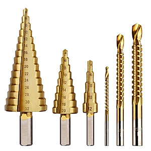 WEAVERBIRD Drill Bit Set - Step Drill Bit Set (3Pcs) and Serrated Drill Bit Set (3Pcs), Titanium Coated HSS Multifunctional Drill Set, 3-8mm Serrated Saw Drill Bit for Wood Metal Plastic