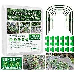 GonLei 10x25FT Garden Mesh Netting Kit Raised Beds (6 Pcs Garden Hoops & 18 Clips) Garden Hoops Plant Row Covers Netting Protection Berry Bush Trees Grass Seed Barrier Net