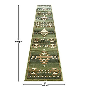 EMMA + OLIVER Reno 2x11 Olefin Accent Rug with Southwestern Geometric Arrow Design in Green, Black, Beige & Ivory and Natural Jute Backing