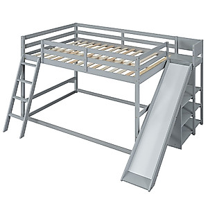 Full Over Full Bunk Beds with Slide and Storage Shelves, Wood Floor Bunk Beds Frame, Kids Bunk Bed for Bedroom, Teens Dormitory (Full Loft Bed with Slide, Gray)