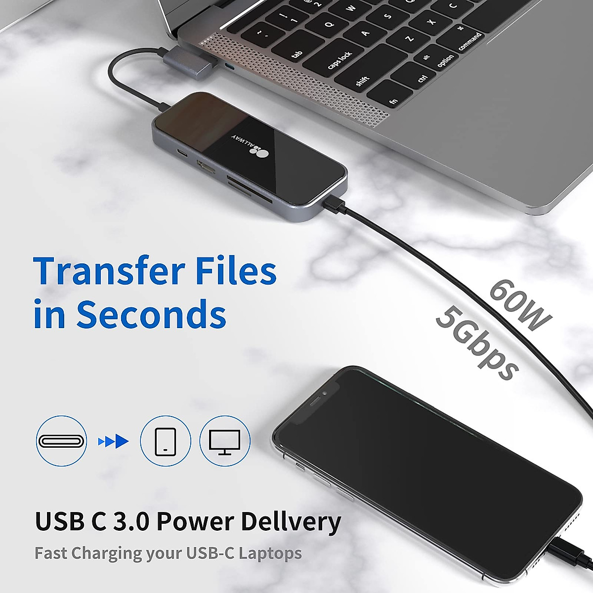 USB C Hub, Docking Station, ALLWAY 8 in 1 USB C Adapter with 4K USB C to HDMI, 60W Power Delivery SD/TF Card Reader 2 USB 3.0 Ports USB C Data Port 3.5mm Audio/Mic for MacBook Pro and HP Dell Laptops