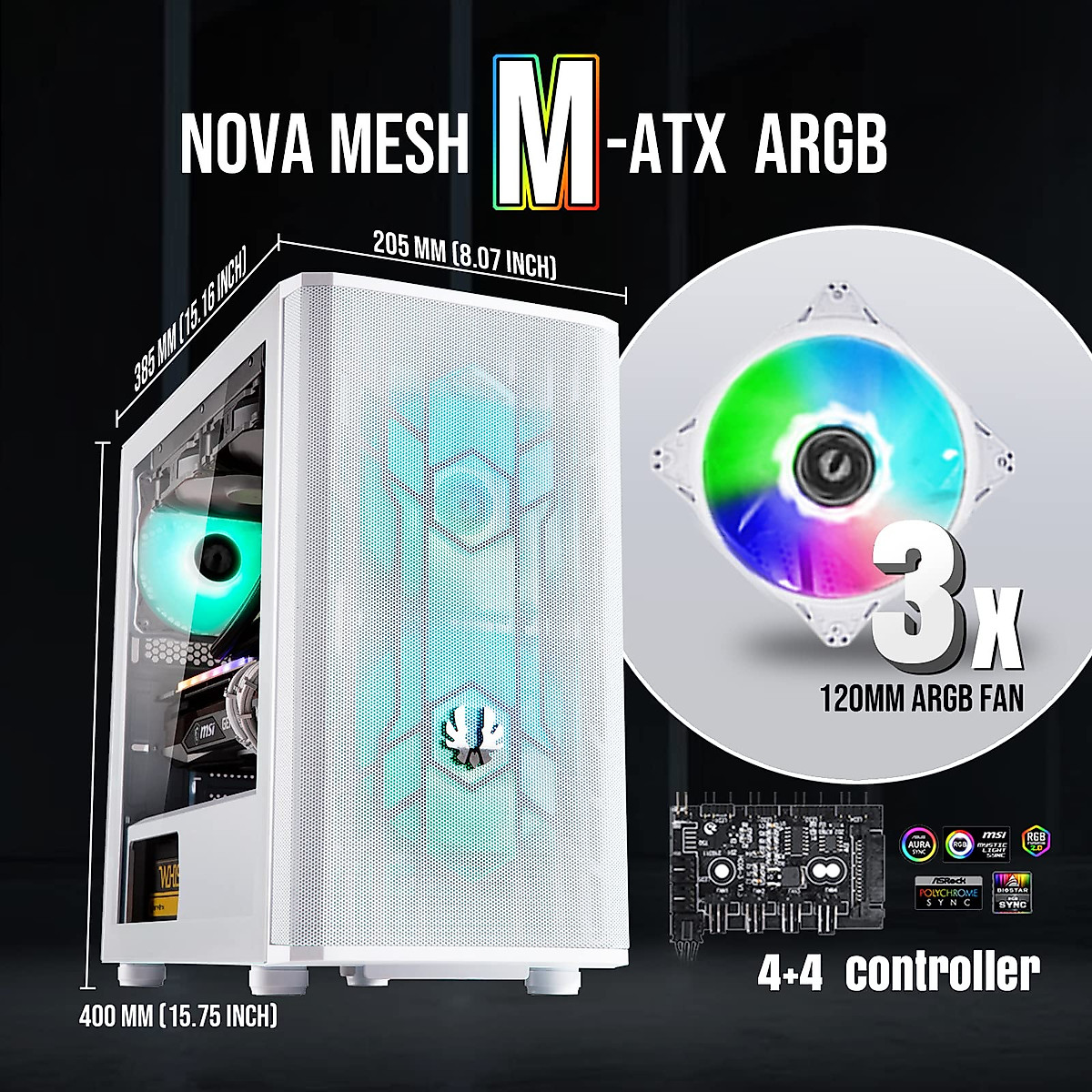 BitFenix Nova Mesh mATX (Micro ATX, Mini ITX) High Airflow PC Gaming Case ARGB Edition White, 3 x ARGB Fans Pre-Installed, 240mm AIO Support at Top, GPU Length Support Up to 345mm (Micro ATX, White)