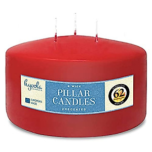 HYOOLA Red Three Wick Large Candle - 6 x 3 Inch - Unscented Big Pillar Candles - 62 Hour - European Made