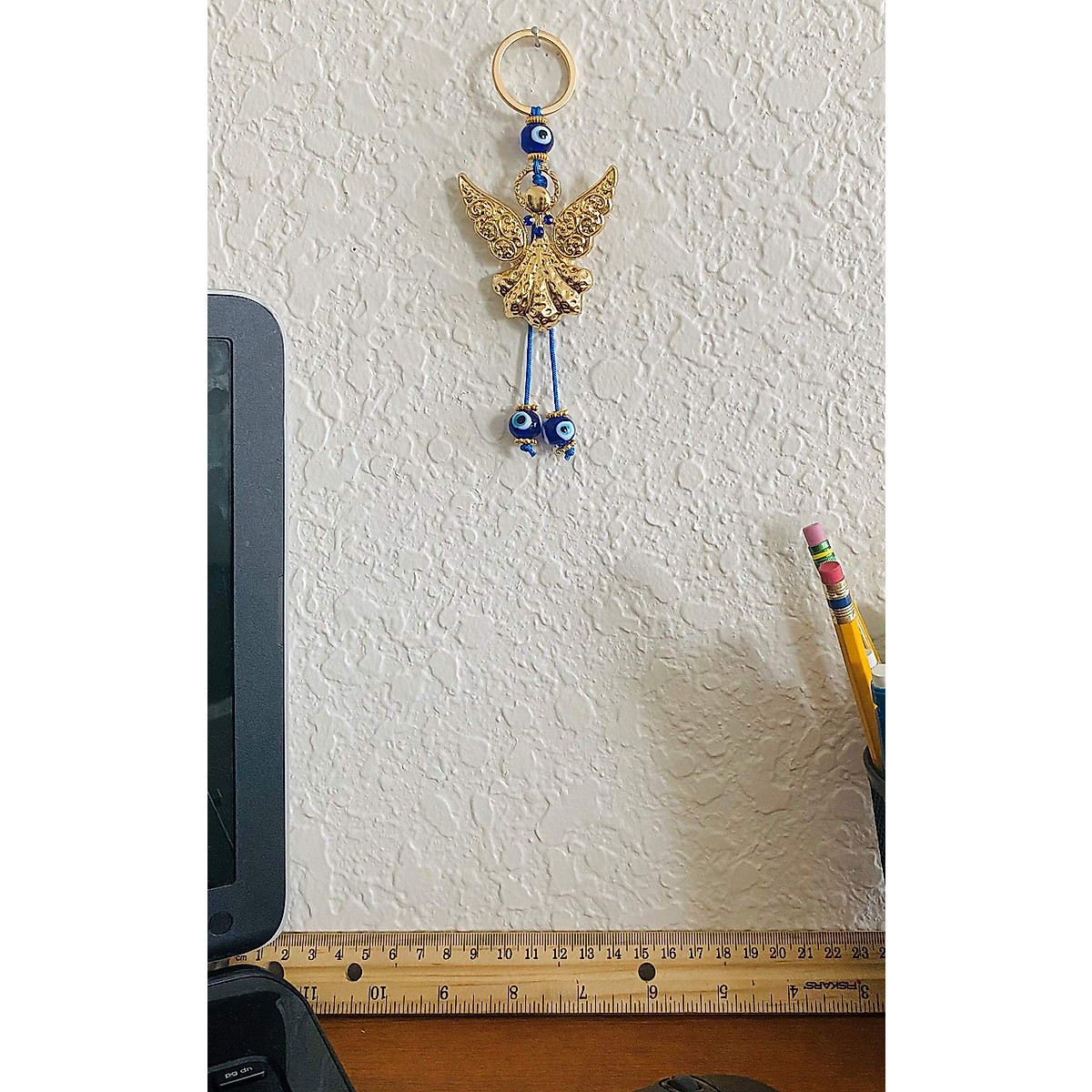 LUCKBOOSTIUM 18K Gold Plated Metal Beautiful Angel w/Blue Crystal & Evil Eye Hanging Ornament Good Luck Charms Home Keys Bags & Rear View Mirror Accessories Gift for Men & Women (Gold Angel 2)