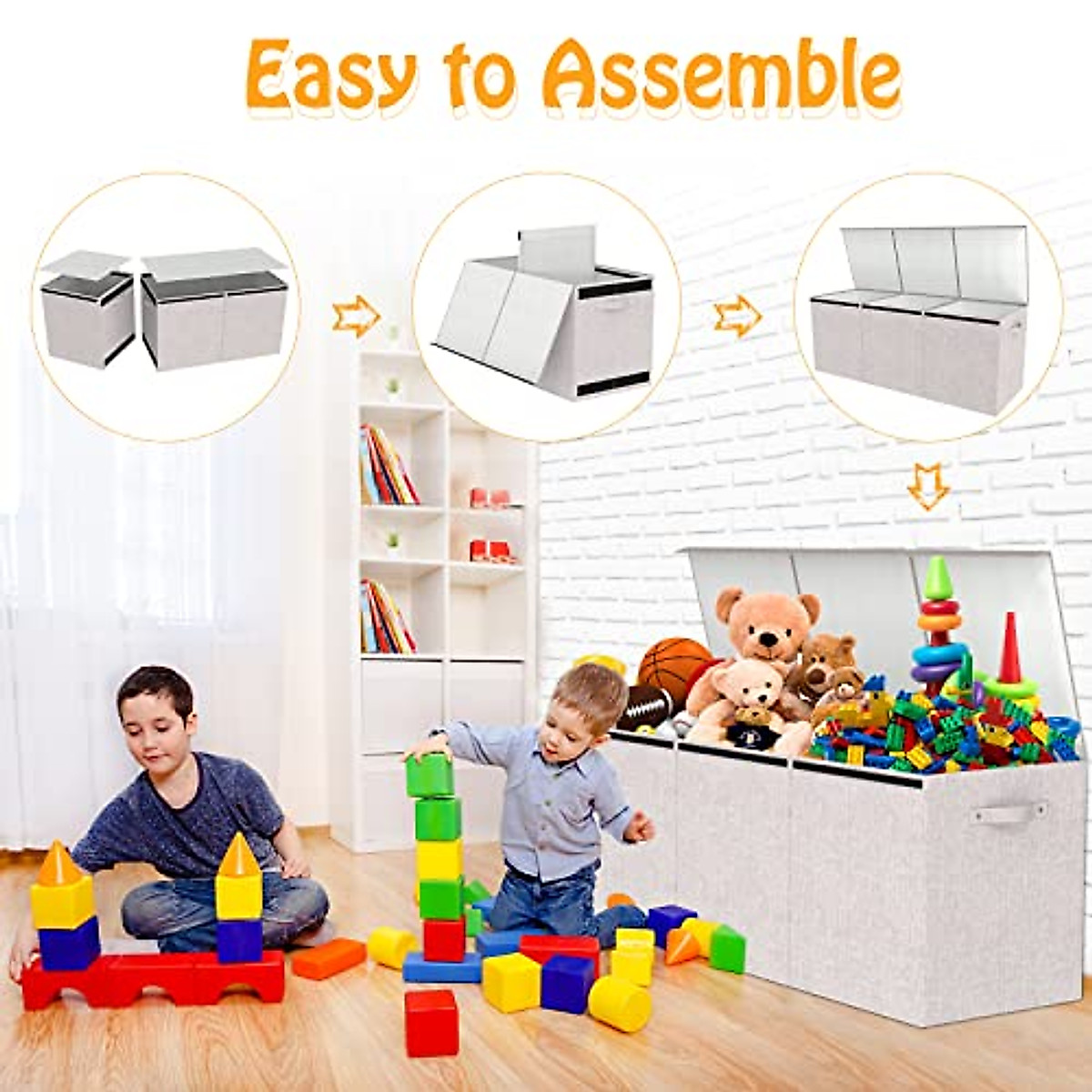 pasanba Large Toy Box, Collapsible Large Toy Chest for Kids with Lid and Handles, Toy Storage Organizer for Boys, Girls, Nursery, Play Room, Bedroom, 40.2 * 15.7 * 13.9 In,150L(Grey)