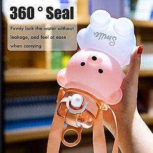 OHEPFD Cute Kawaii Bear Straw Bottle, Cartoon Gradient Water Bottle Portable Water Jug Leak-Proof with Shoulder Strap for Kids Gradient Pink Blue 800mL