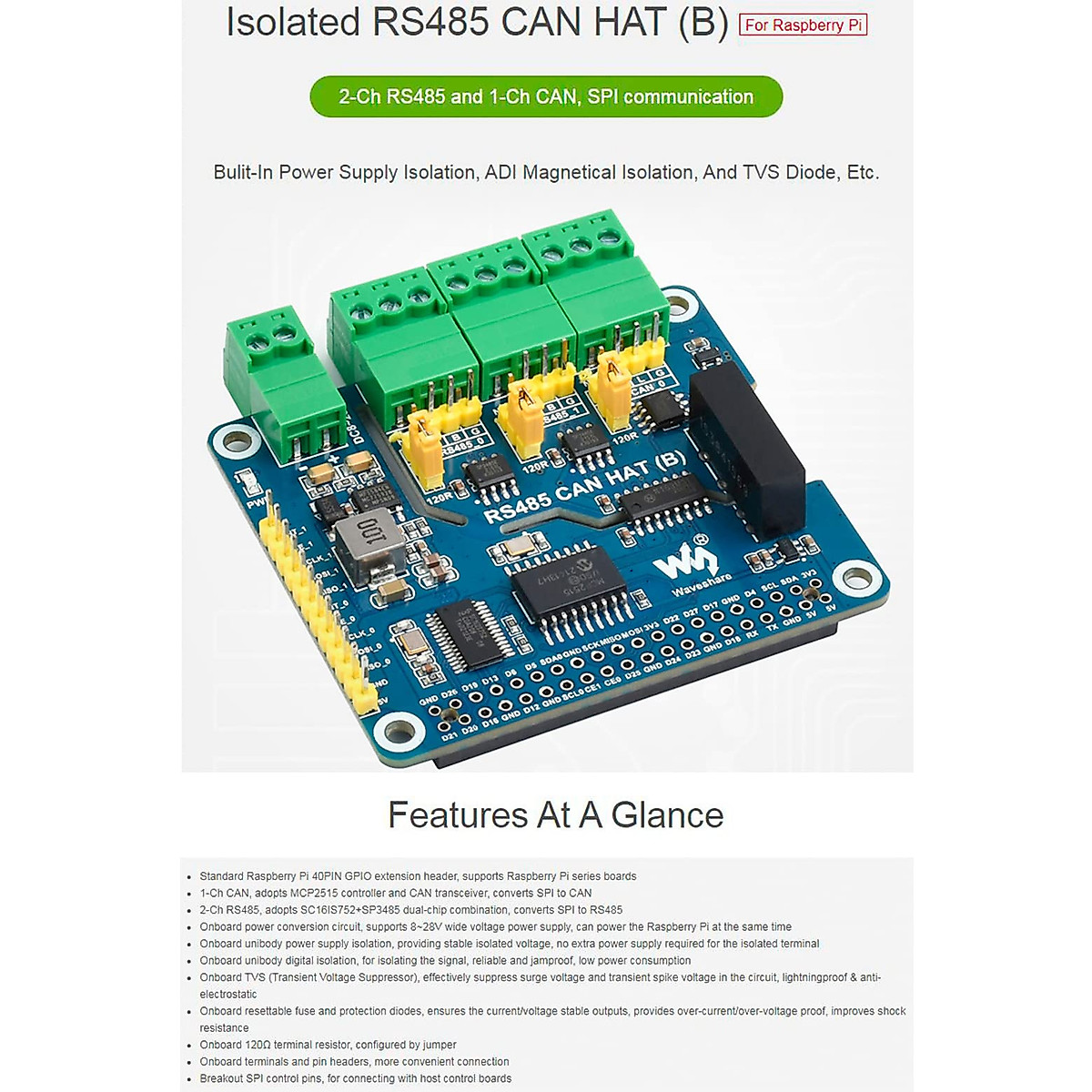 RS485 CAN HAT (B) for Raspberry Pi 4B/3B+/3B/2B/Zero/Zero W/Zero 2W/ Zero 2WH, 2-Ch RS485 and 1-Ch CAN, Industrial Grade Isolation Protection, Bulit-in ADI Magnetical Isolation, TVS Diode, etc
