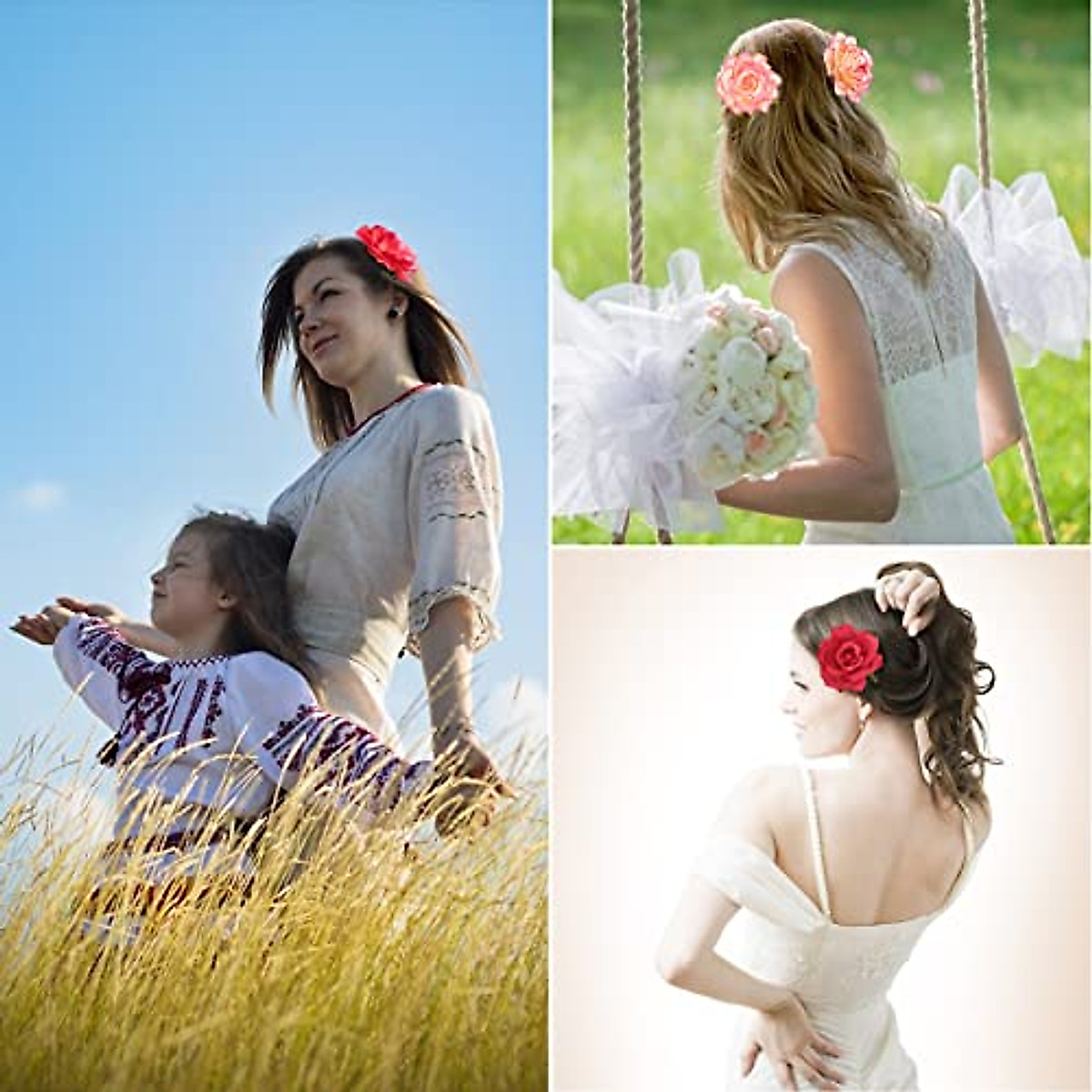 DRESHOW 5 Pcs Rose Hair Clip Flower Bridal Hair Pins Rose Brooch Floral Clips Head Ornament Wedding Hair Accessories Flamenco Dancer Hair Clip for Women Girls