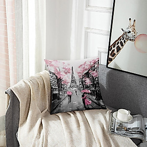 Emvency Throw Pillow Cover Oil Painting Paris European City Landscape France Eiffel Tower Black White and Pink Modern Couple Under Decorative Pillow Case Home Decor Square 18x18 Inches Pillowcase