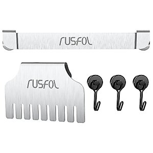 RUSFOL 3-in-1 Stainless Steel Griddle Spatula Holder with Mesh Screen Grease Gate and 3 Magnetic Hooks for 28"/36" Blackstone Griddles, Flat Top Griddle BBQ Accessories, Free from Drill&Easy Install