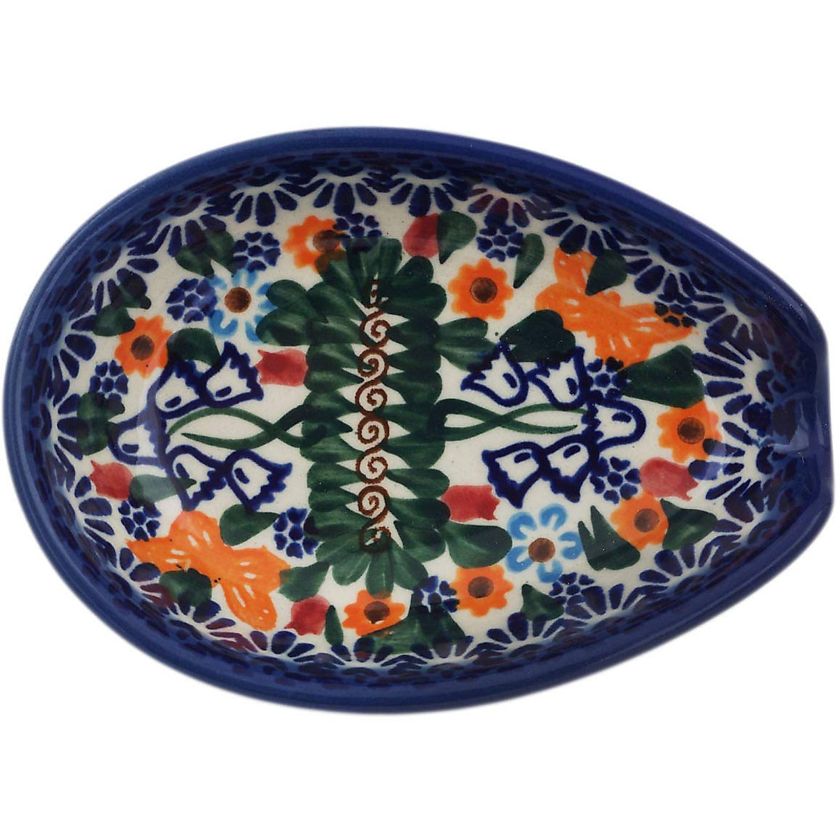 Polish Pottery 5-inch Spoon Rest (Double White Flower Theme) Signature UNIKAT + Certificate of Authenticity