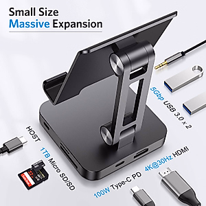 USB C Hub Stand, 7 in 1 USB C Multiport Adapter with 4K@30Hz HDMI, 100W Power Delivery, Micro SD Card Reader, 5Gbp USB 3.0, Headphone Jack, Tablet, Phone, Adjustable Type C Hub for iPad Pro Mac Chrome