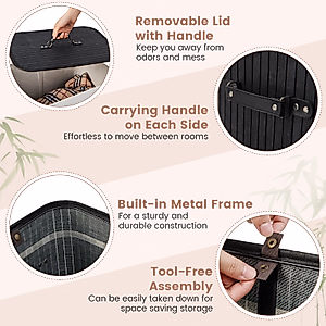 Giantex Bamboo Laundry Hamper with Lid, 72L Large & Tall Clothes Hamper with Removable Liner & Handles, Rectangular Laundry Basket for Small Spaces, Laundry Room, Bedroom (Black)