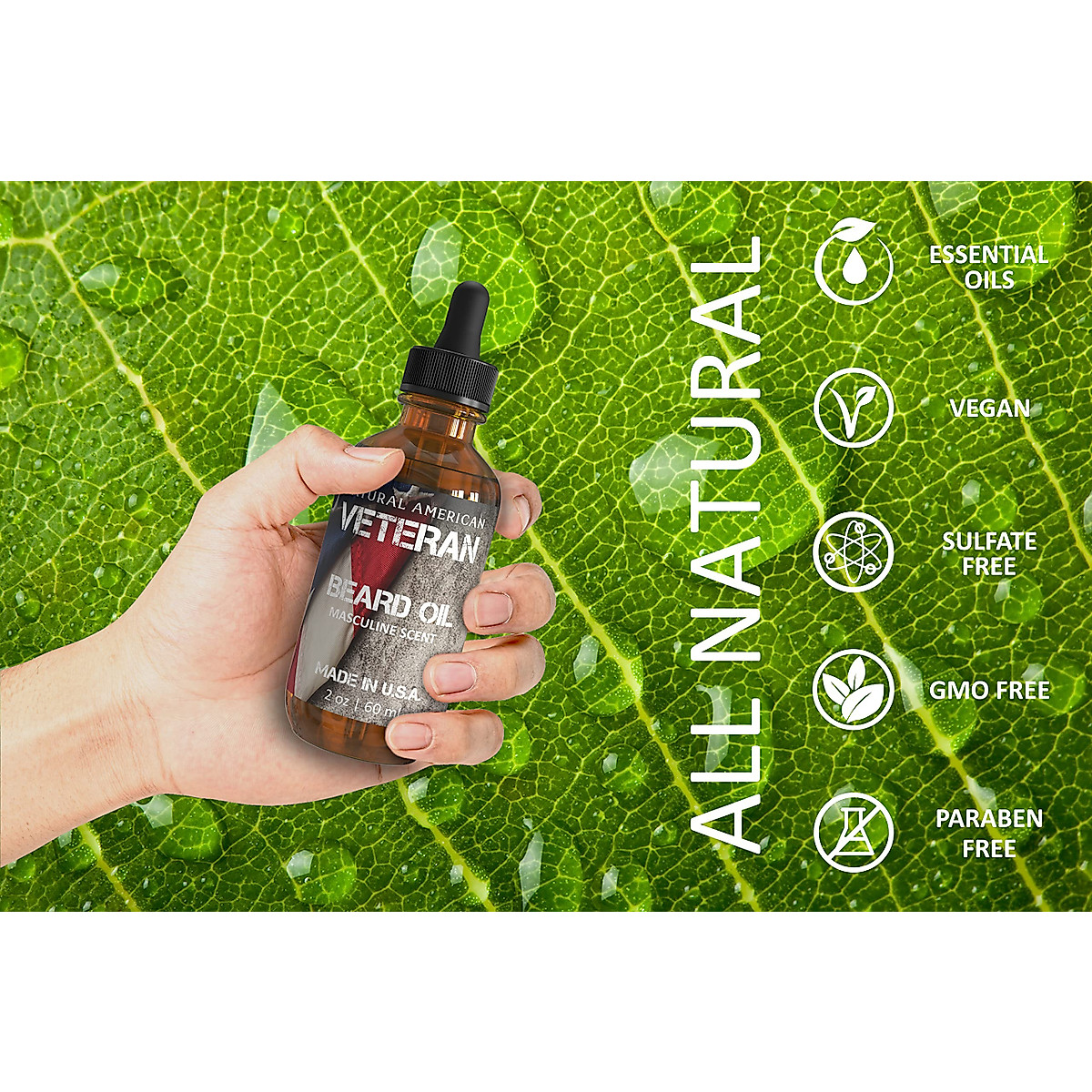 NATURAL AMERICAN VETERAN Beard Oil – All Natural, Men's Cologne Scent, Essential Oils, Organic Argan & Jojoba Oils – Moisturizes, Softens & Strengthens - Made in USA – Men’s Beard Conditioner, 2 oz