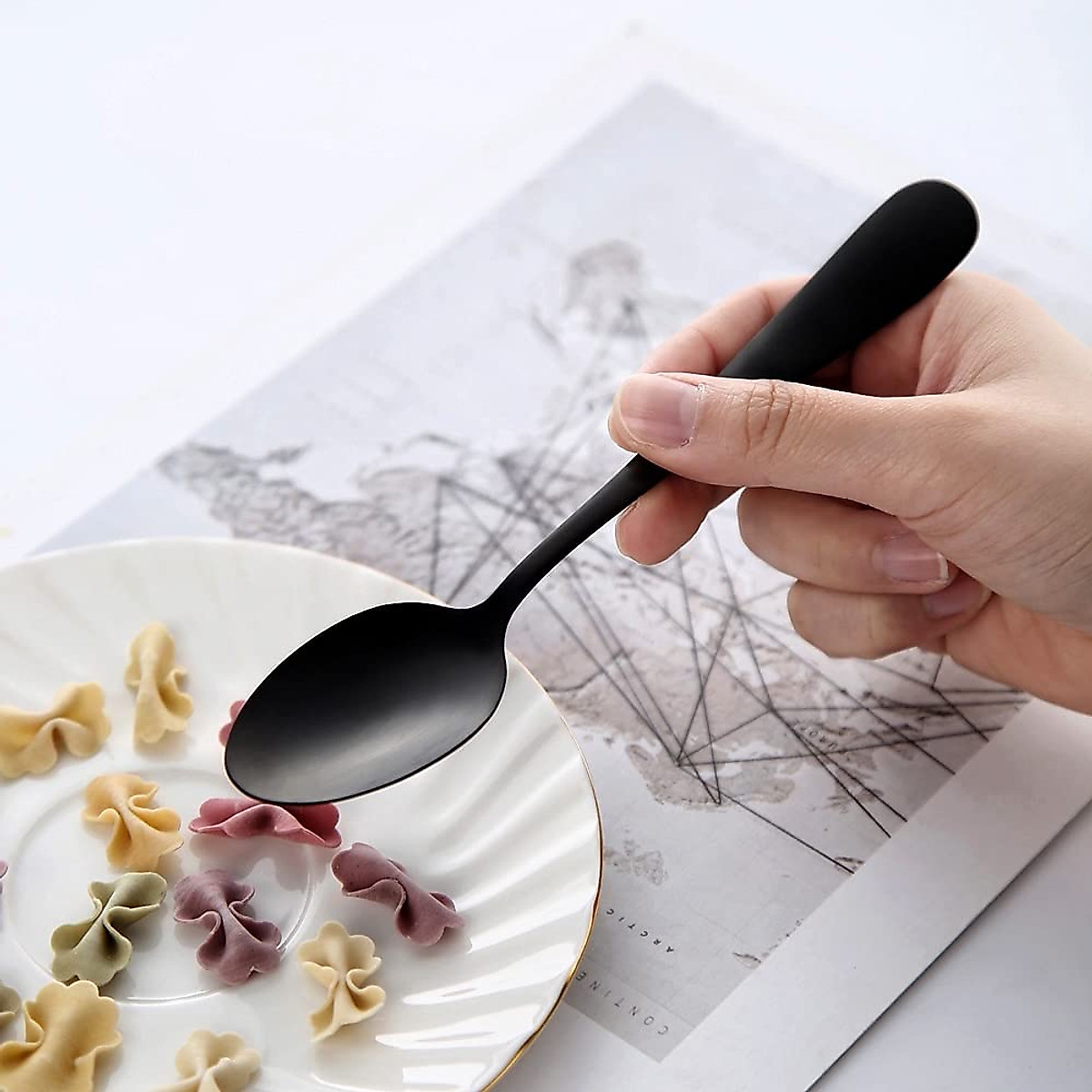 Matte Black Dessert Spoon, Seeshine 6.8-inch Stainless Steel Black Teaspoon, Suitable for Family, Kitchen, Restaurant, Set of 12, Dishwasher Safe