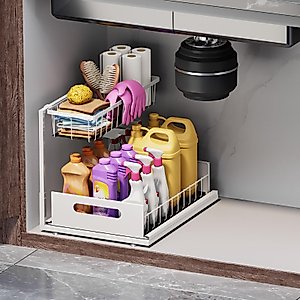 Ceetug Under Sink Organizers and Storage 2 Tier Slide Out Kitchen Cabinet Organizer Sturdy Metal Bathroom Storage (White, 1 Pack)