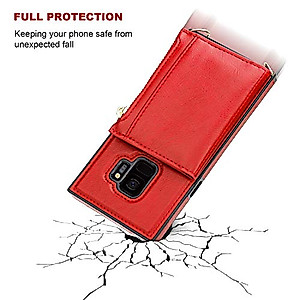 KIHUWEY Galaxy S9 Case Crossbody Lanyard Zipper Wallet with Credit Card Holder and Wrist Strap,Protective Purse Cover for Samsung Galaxy S9 Red