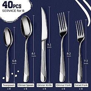 Hammered Silverware Set, 40-Piece Stainless Steel Flatware Set for 8, Modern Kitchen Utensils Tableware Set Includes Dinner Knives/Forks/Spoons,Mirror Polished Dishwasher Safe