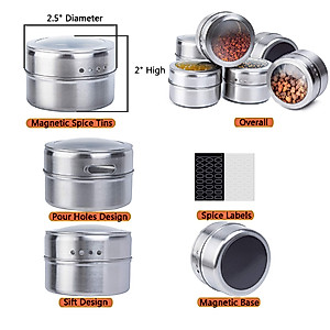 ILEBYGO Magnetic Spice Tins 6pcs Stainless Steel Spice Jars Storage Spice Containers,Clear Top Lid with Sift or Pour,48 Blank Spice Stickers Include,Magnetic on Refrigerator and Grill