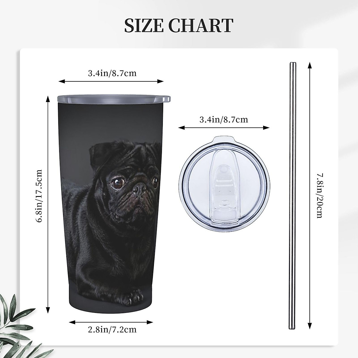 Black pug 20oz Tumbler Stainless Steel Vacuum Insulated Double Wall Travel Tumbler, Durable Insulated Coffee Mug, Thermal Cup With Lid and Straw for Hot & Cold Drinks