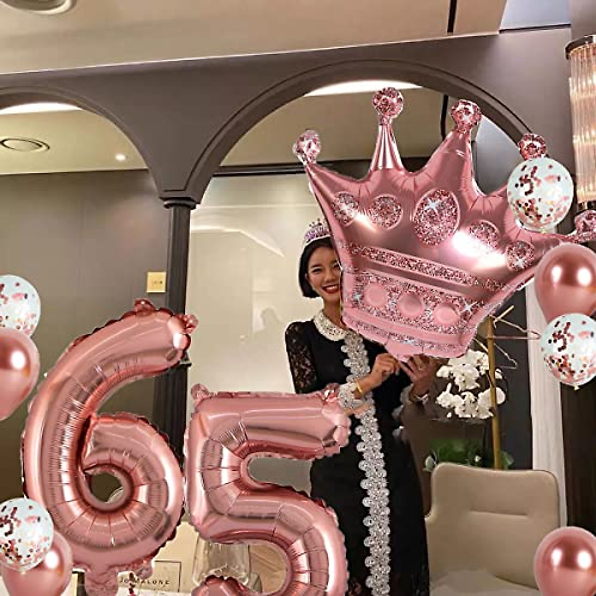 KUNGOON 65th Birthday Balloon,Rose Gold Number 65 Mylar Balloon,Funny 65th Birthday/Wedding Anniversary Crown Aluminum Foil Balloon Decoration for Women/Men.