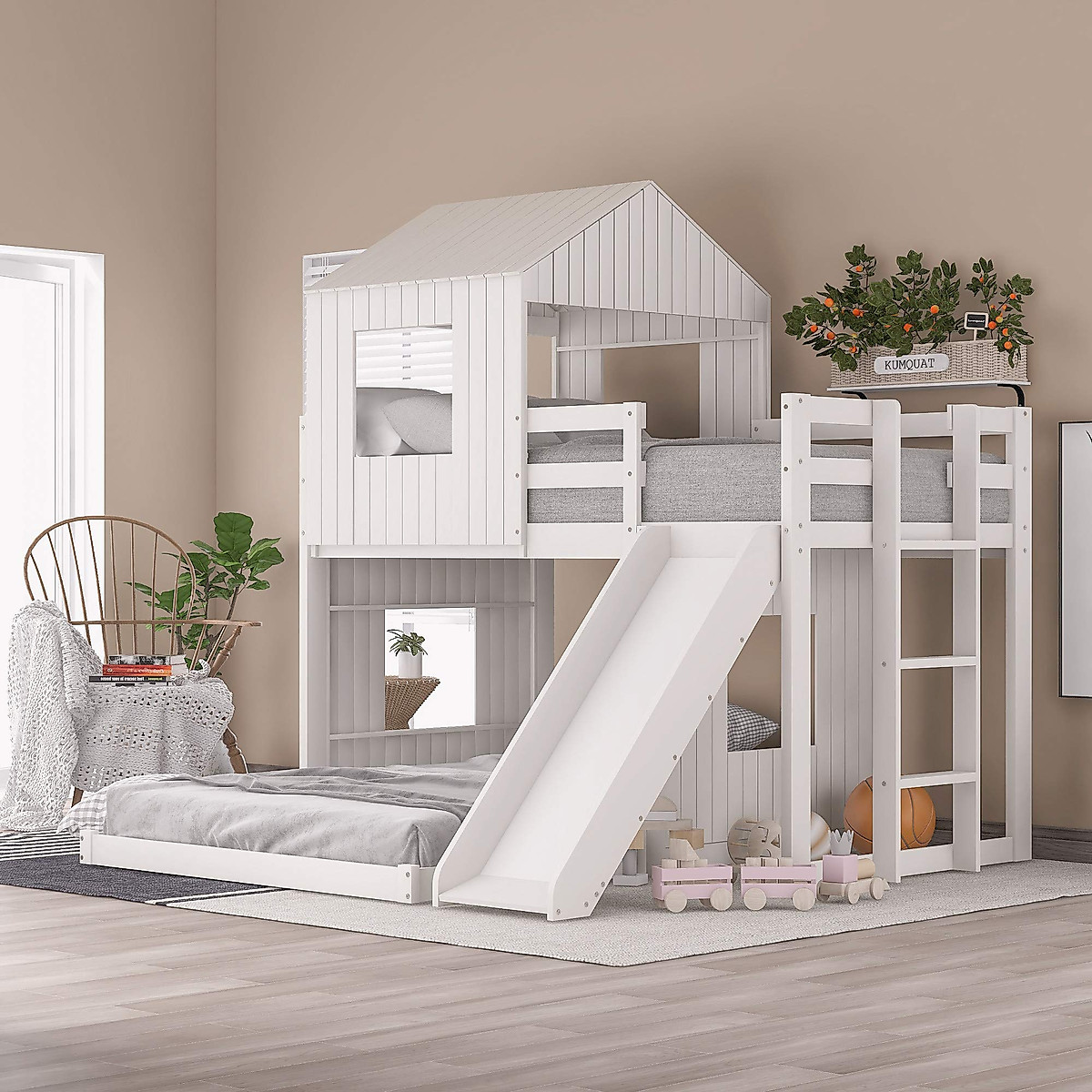 DERCASS Twin Over Full Bunk Bed, Wooden Bed Frame with Playhouse, Farmhouse, Ladder & Guardrails for Kids, Toddlers, Boys & Girls (White)