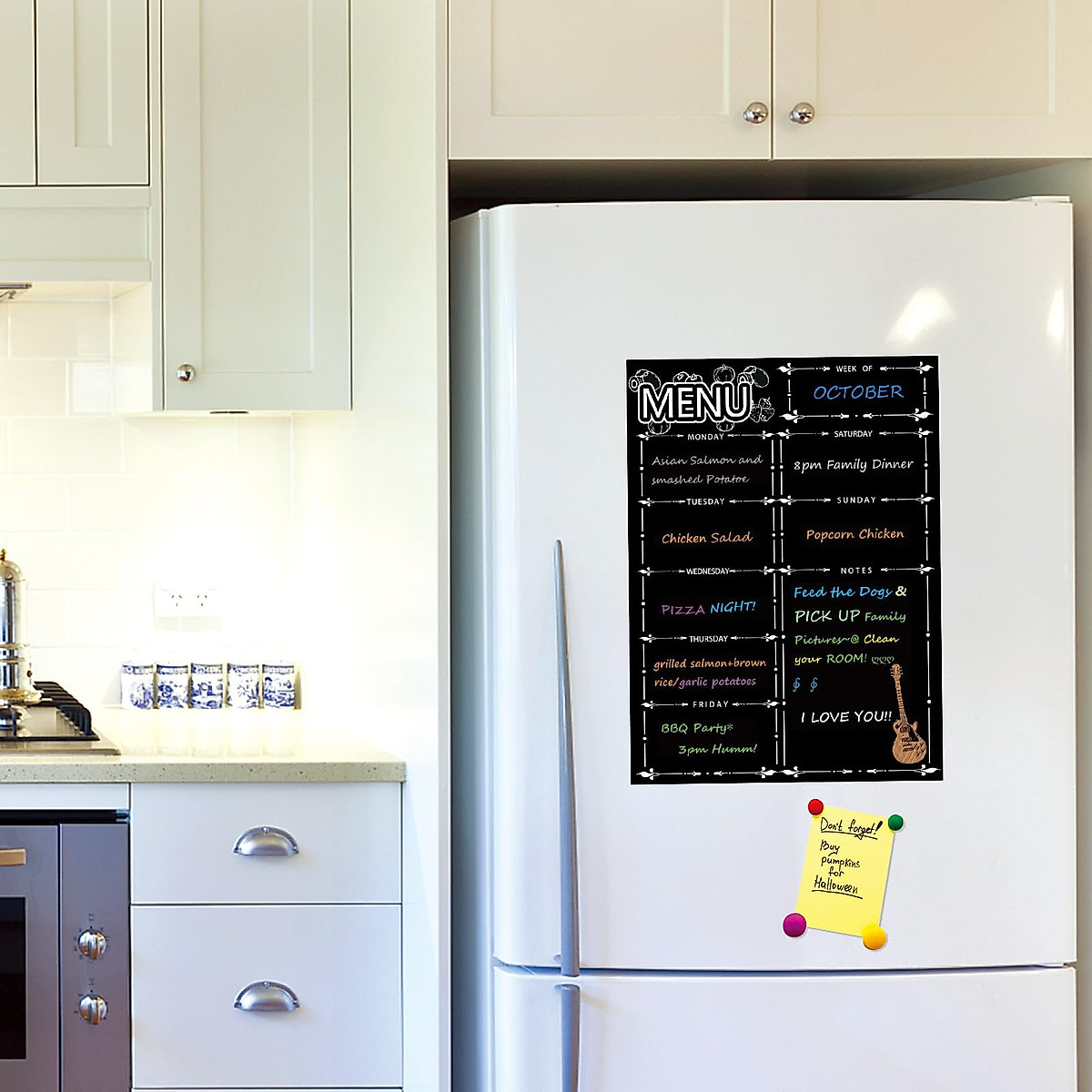 Magnetic Menu Board for Fridge, LiebHome Dry Erase Weekly Menu Planner/Family Calendar 16" x 12" with Grocery List and Notes (Black with 8 Markers)