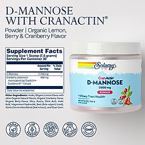 SOLARAY D-Mannose with CranActin Cranberry AF Extract Powder, 2000 mg, 400 mg of Cranberry Extract, Healthy Urinary Tract Support, Organic Natural Lemon, Cranberry and Berry Flavor, 30 Servings, 8 oz