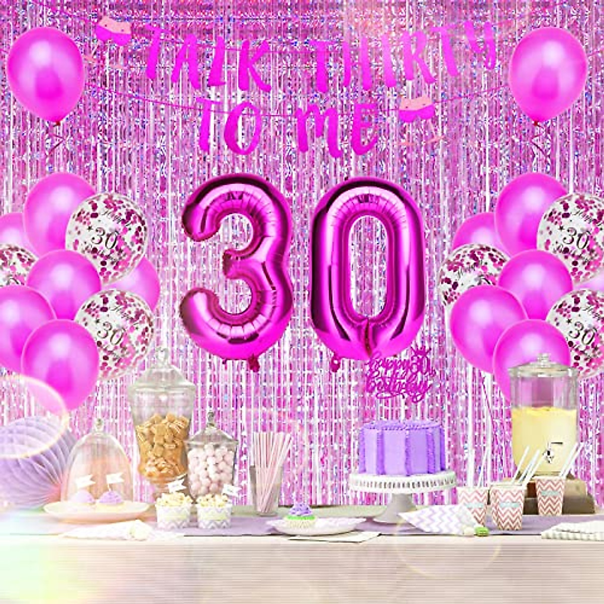 30th Birthday Decorations for Women,30 Birthday Decorations for Her, Hot Pink Talk Thirty to Me Banner,Crown, Sash, Cake Topper and Number Balloon, 30th Birthday Party Decorations Supplies for Women