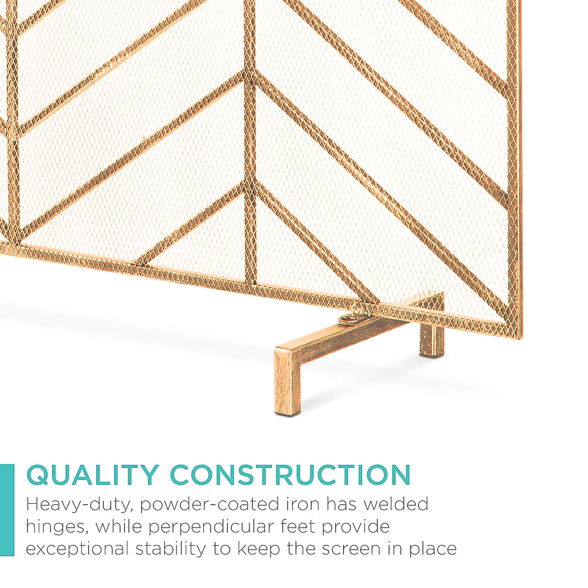 Best Choice Products 38x31in Single Panel Handcrafted Wrought Iron Mesh Chevron Fireplace Screen, Fire Spark Guard for Living Room, Bedroom Décor w/Distressed Antique Finish - Gold