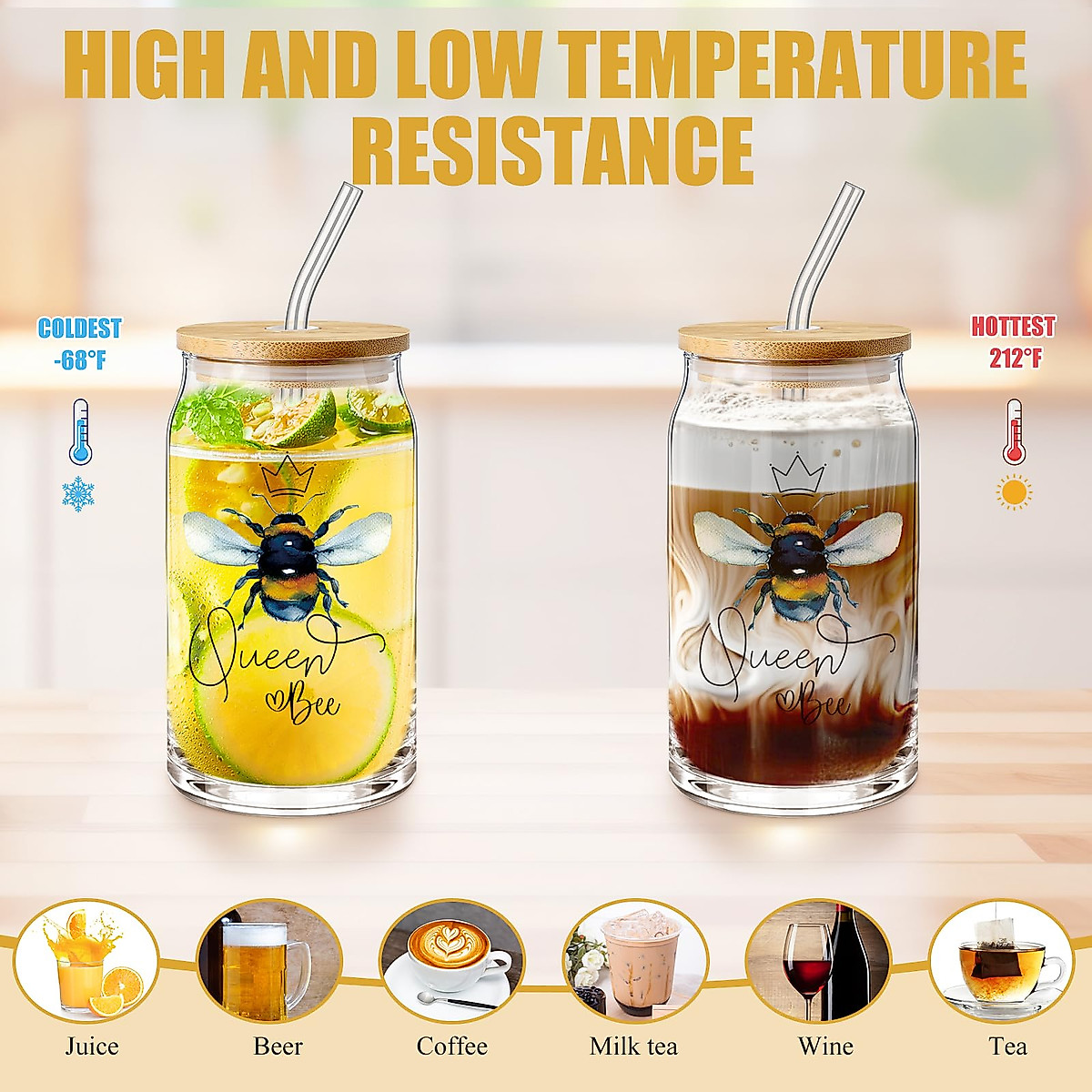 Hushee Set of 3 Bee Theme Gifts Honey Bee Cup Wine Glass with Lid Straw and Bee Makeup Bag and Bee Keychain for Thanksgiving Christmas Gifts for Women Teachers Employee Bee Lovers