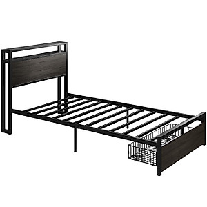 LIKIMIO Twin XL Bed Frames with Drawer, Storage Headboard with Outlets, No Box Spring Needed, Easy Assembly, Gray Black