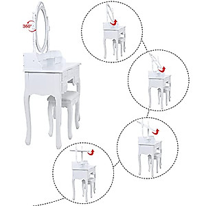 The Urban Port Ren 30-Inch 3-Piece Vanity Desk Set with Rotating Mirror and Matching Stool, 4 Drawers, Solid Wood, Pure White