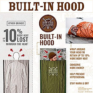 Don’t Die in The Woods - World’s Toughest Survival Bivy [with Hood Extension] Extra-Thick Emergency Sleeping Bag with Ripstop Nylon Stuff Sack - Built with Space Blanket Thermal Mylar