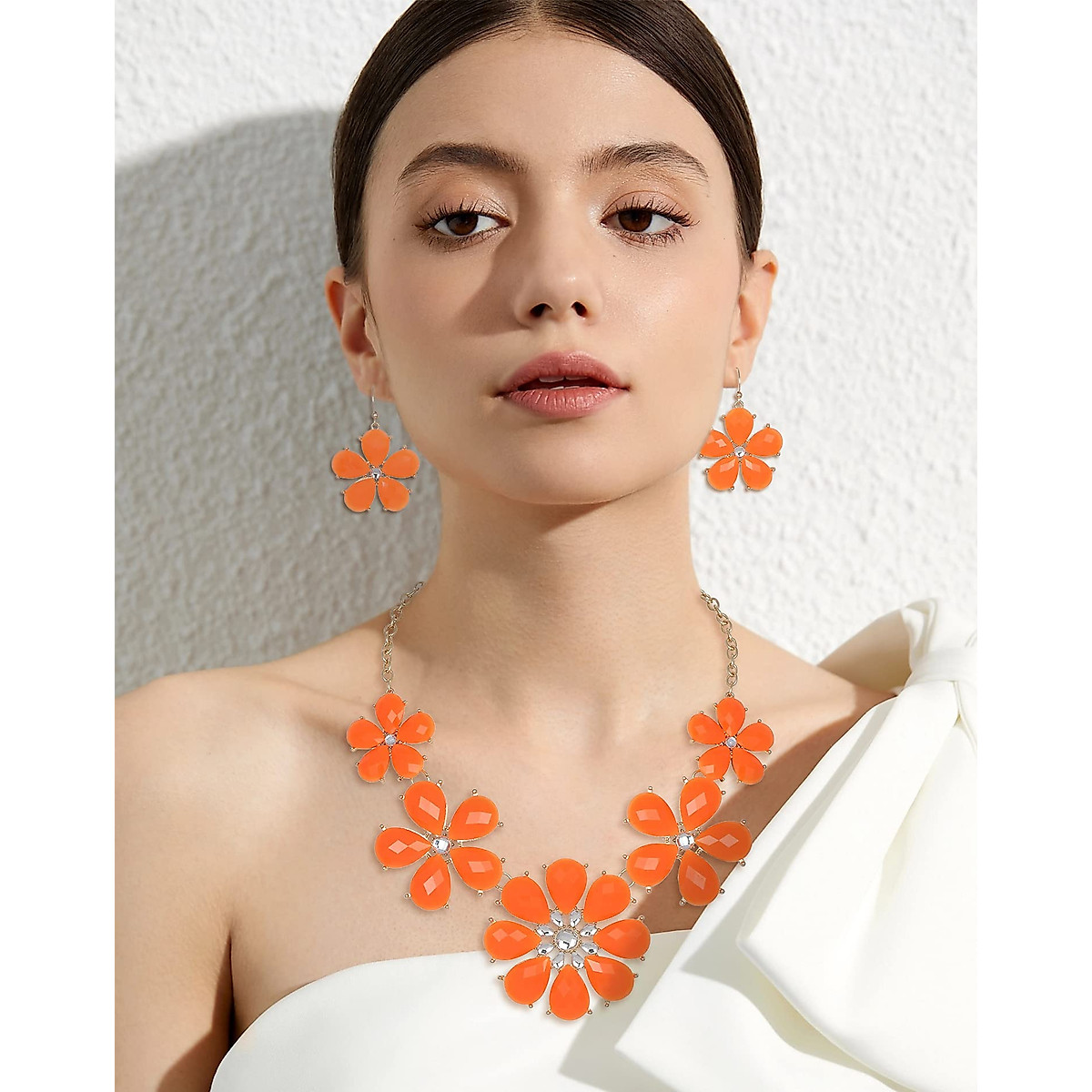 Firstmeet Shiny Flower Statement Collar Necklace with Earrings(XL-1104-Orange A)