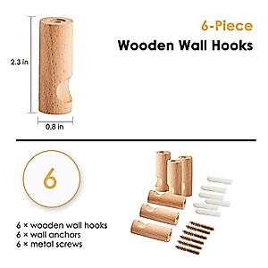 mosuniro Wood Wall Hooks Set, 6 Pack Wall Mounted Single Coat Hook, Decorative Wooden Coat and Hat Hanger Hooks for Hanging Coats Hats and Bags (Beech Wood, 2.3 inch)