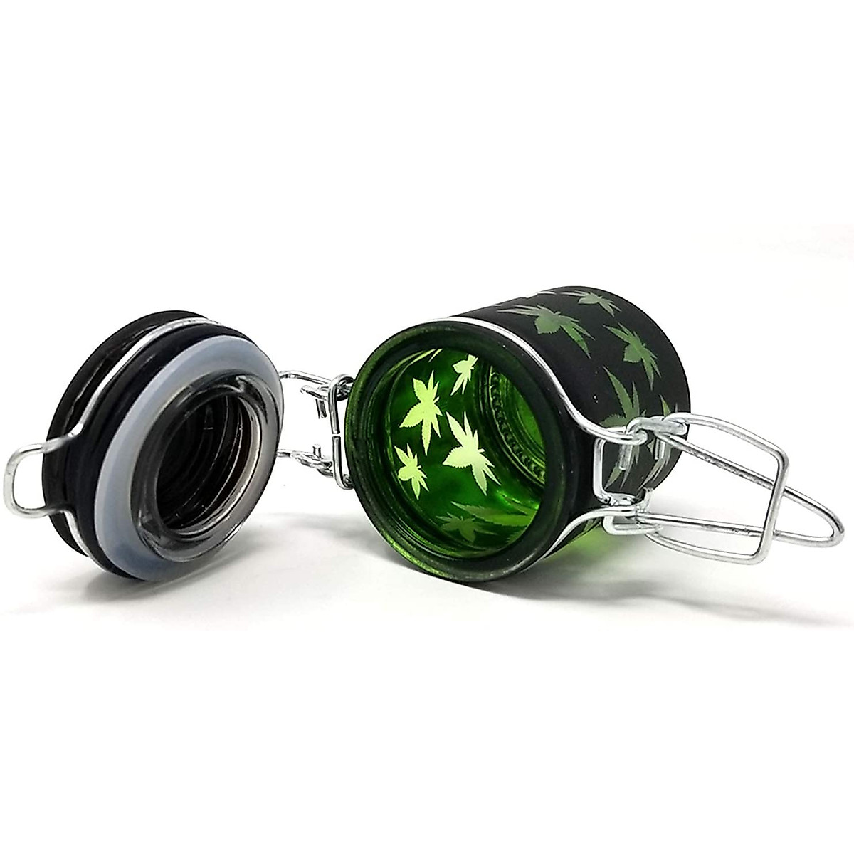 Airtight Glass Herb Mini Stash Jar with Clamping Lid in Choice of Design (Black Frosted with Green Leaf)
