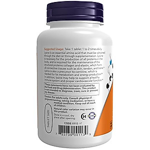 NOW Supplements, (L-Lysine Hydrochloride) 1,000 mg, Double Strength, Amino Acid, 100 Tablets