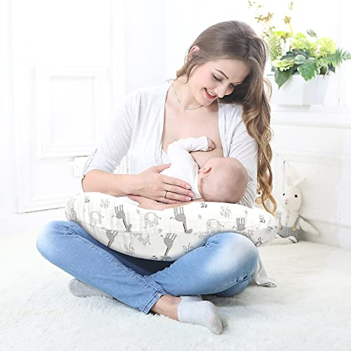 LAT Nursing Pillow and Positioner,Best for Mom Breastfeeding Pillow,100% Cotton Soft Fits Snug On Infant (Giraffe & Elephant)