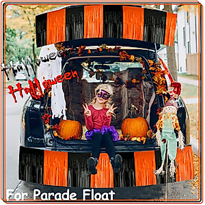 2 Pack 10 Feet Black Orange Halloween Parade Float Decorations for Trailer Car, Foil Fringe Tinsel Streamers Banner Garland for Halloween Graduation Homecoming Party Decoration (Black Orange)