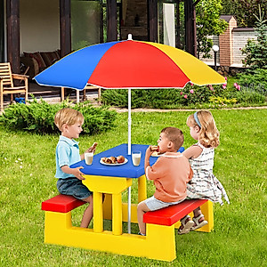 HONEY JOY Kids Picnic Table, Toddler Plastic Outdoor Table & Bench Set with Umbrella, Children Patio Furniture Set for Backyard Garden, Kids Picnic Tables for Outdoors, Gift for Boys Girls Age 3+