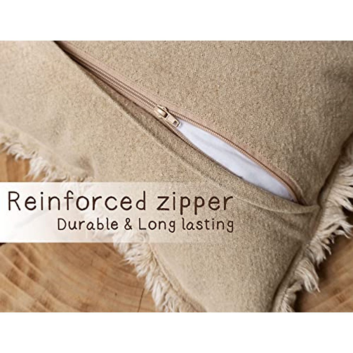 5F Balcony Decorative Boho Linen Throw Pillow Cover with Handmade Fringes - Neutral Beige Pillow Cover 18 × 18, Soft Solid Square Cushion Cover for Couch Bed Patio Outdoor