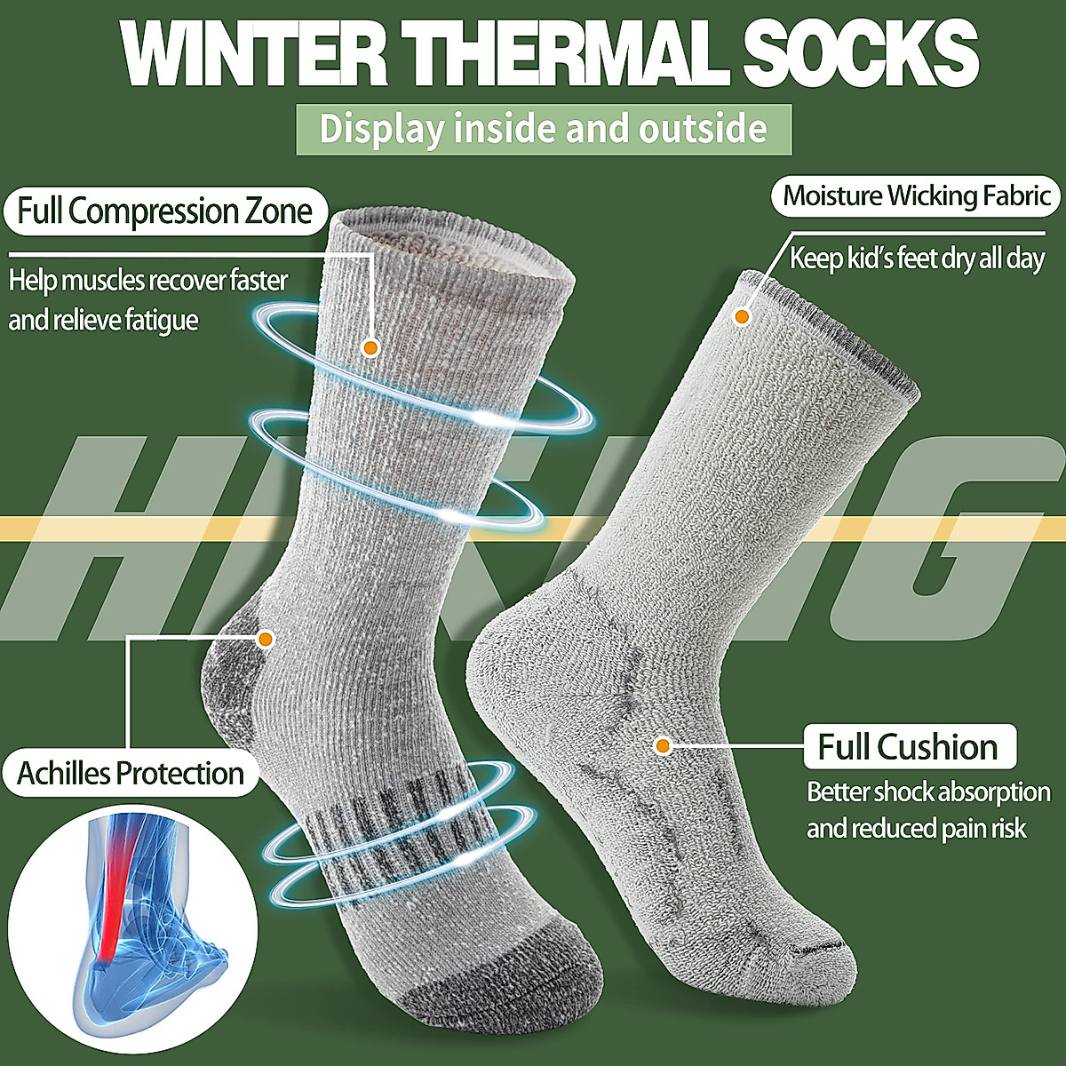 Sandsuced Kids Merino Wool Hiking Socks Girls Boys Winter Thermal Warm Cozy Boot Thick Cushion Gift Stocking Stuffers Socks 4 Pairs(Purle/Blue/Red/Grey,8-12 Years)