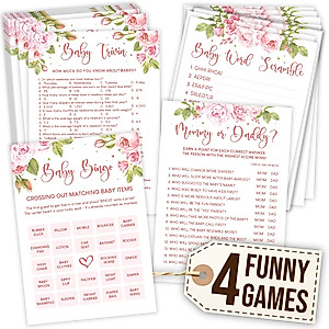 WOODAMORE Funny Baby Shower Games for Girl - Baby Shower Bingo Game, Baby Shower Word Scramble Card, Floral Baby Shower Activities for 25 Guests, Baby Trivia Mommy Or Daddy Game for Baby Shower Decor