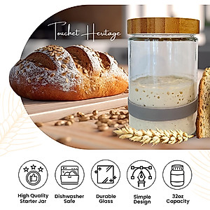 Touchet Heritage Sourdough Starter Jar (32oz) | Sourdough Starter Kit | Thick, Durable Glass w/Bamboo Lid | 6.5” x 4" | Wide Mouth Glass Jar for Sourdough with Wooden Spoon & Silicone Measuring Band