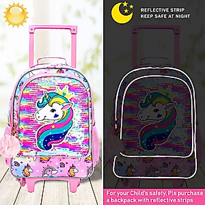 gxtvo Rolling Backpack for Girls, Roller Wheels Kids Bookbag - Wheeled Suitcase Elementary Sequin School Bag - 3PCS Unicorn
