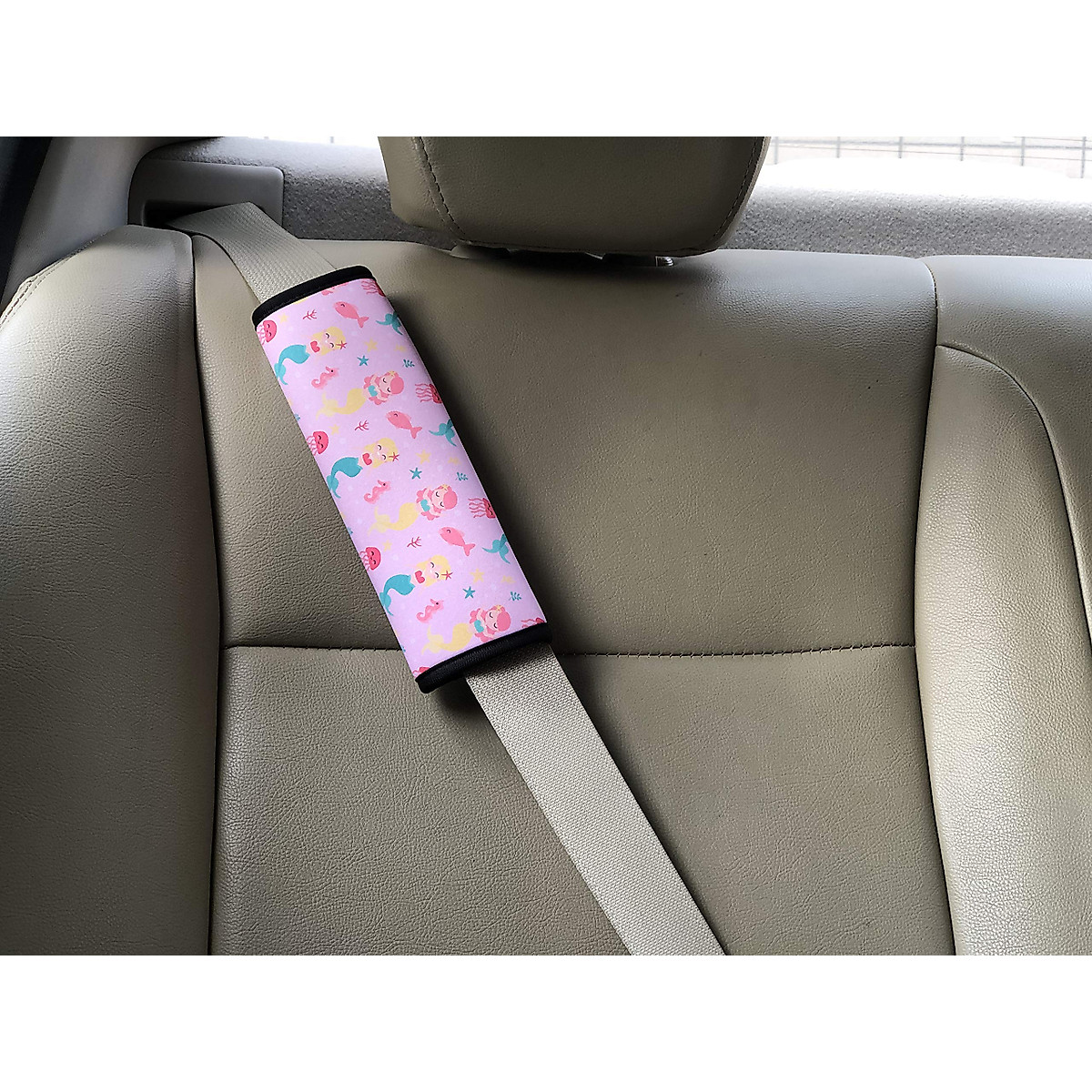 2 Pack Seat Belt Covers for Kids, FRRIOTN Soft Comfort Seat Belt Cushion for Children, Cute Cartoon Pattern Car Seat Belt Pads Cover for Girls and Boys (Pink Mermaid)