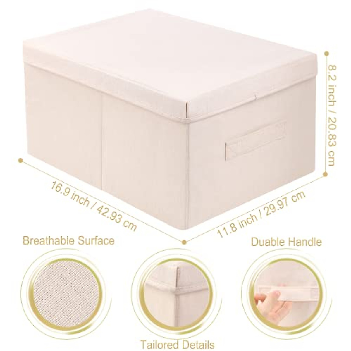 Storage Bin 2 Pack, Large Storage Bins with Lids, Vailando Decorative Storage Boxes Fabric Cotton Linen Collapsible Basket for Bedroom Closet Shelves Office Nursery ( Beige)