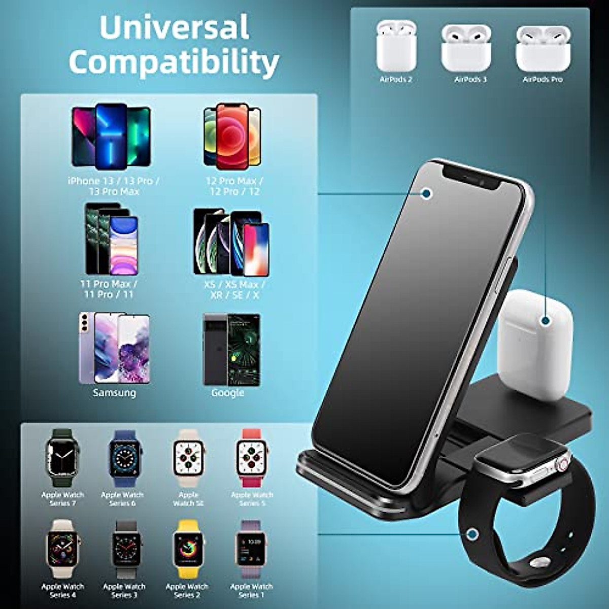 Wireless Charger, 3 in 1 Wireless Charging Station, Fast Wireless Charger Stand for iPhone 14/13/12/11/Pro/Max/XS/XR/X/8/Plus, for Apple Watch 8/7/6/5/4/3/2/SE, for AirPods 3/2/Pro(Black)